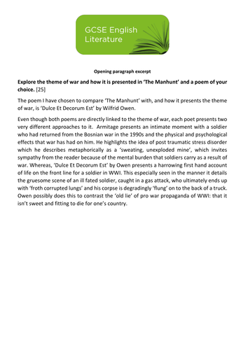 Revision: EDUQAS Poetry Anthology Comparative Essays on ALL War Themed ...