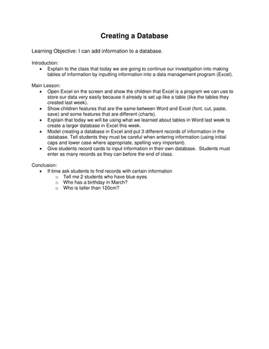 Computing (Year 3) – Introduction to Databases (6 lessons plans ...