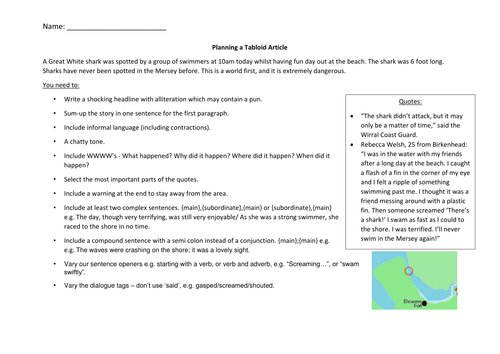 Transactional Writing KS3 Y9 Tabloid Assessment lesson | Teaching Resources