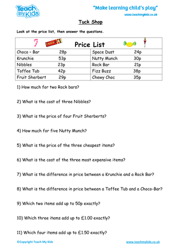 Money. Real Life Words Problems. Tuck Shop | Teaching Resources