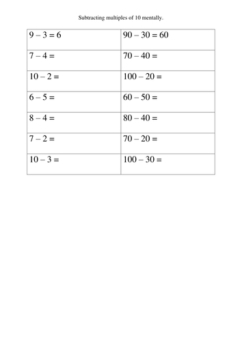 Subtracting multiples of ten | Teaching Resources