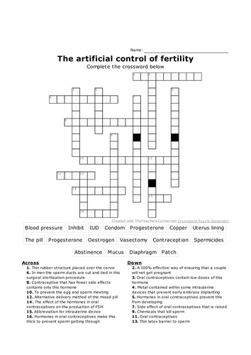GCSE Biology crosswords NEW specification Chapter 11: Hormonal ...