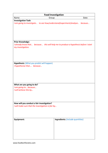 Food Investigation Template Sheet | Teaching Resources