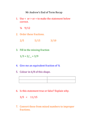End of term recap fractions decimals and some percentages | Teaching ...