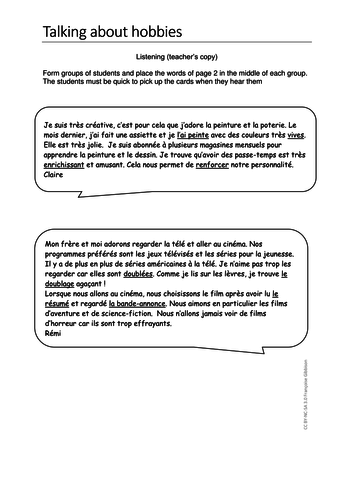 Talking about hobbies: French listening-reading-Translations (including ...