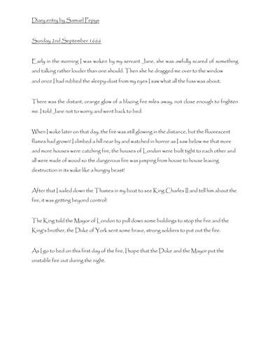 English unit of work: The Great Fire of London (Year 1/2) 3 weeks diary ...