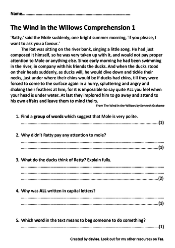 Mini Reading Comprehensions - The Wind in the Willows | Teaching Resources