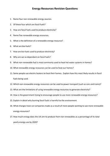 Energy Resources (Uses & Trends) Revision Mat & Questions | Teaching ...
