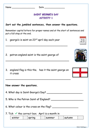 St George's Day - Set of Differentiated Worksheet activities linked to ...