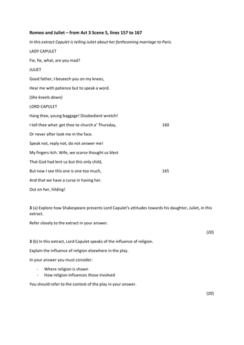 Romeo and Juliet Edexcel mock practice questions a & b | Teaching Resources