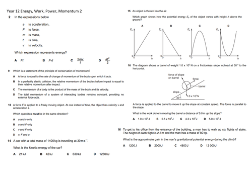 Physics A level Work, Energy, Power & Momentum Multiple Choice ...
