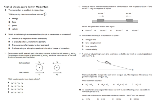Physics A level Work, Energy, Power & Momentum Multiple Choice ...