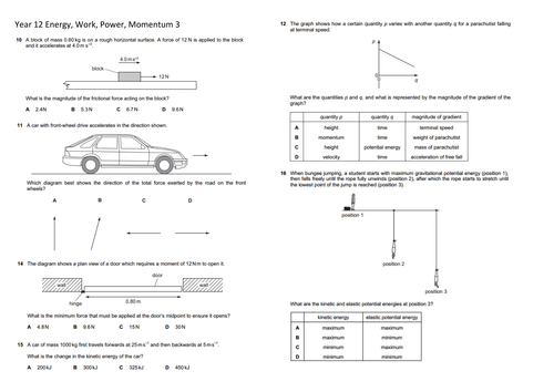 Physics A level Work, Energy, Power & Momentum Multiple Choice ...