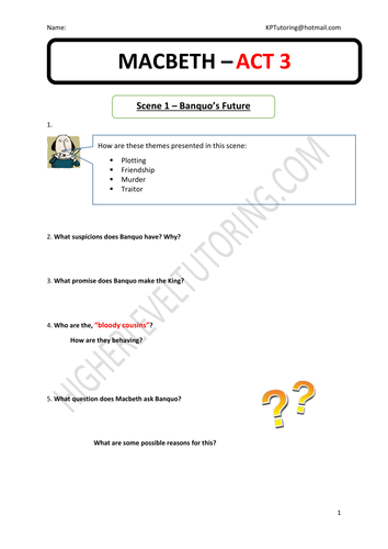 SHAKESPEARE: MACBETH - ACT 3. Scene 1 , 2 Question and activities ...