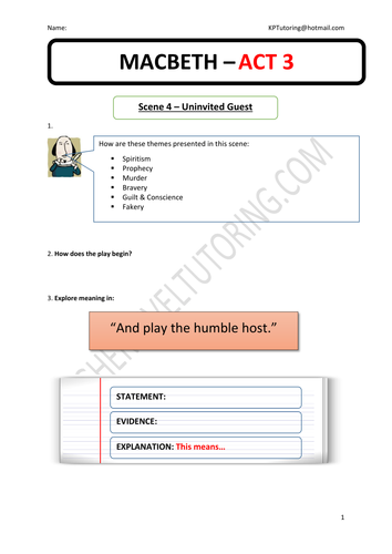 SHAKESPEARE: MACBETH - ACT 3. Scene 3 , 4 Question and activities ...