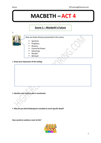 SHAKESPEARE: MACBETH - ACT 4. Scene 1 Question and activities worksheet ...