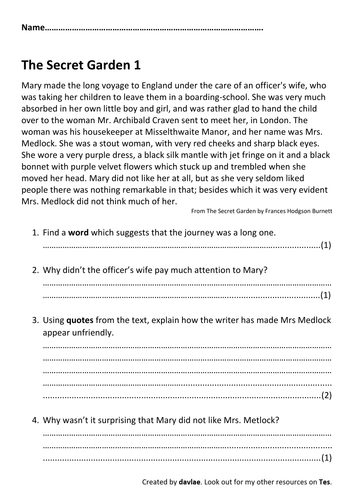 Mini Reading Comprehensions - The Secret Garden | Teaching Resources