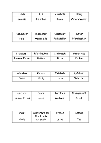 German Food Bingo Cards | Teaching Resources