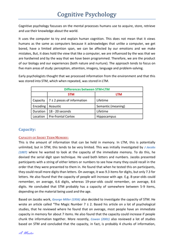 Psychology - Cognitive Psychology/Memory Notes | Teaching Resources