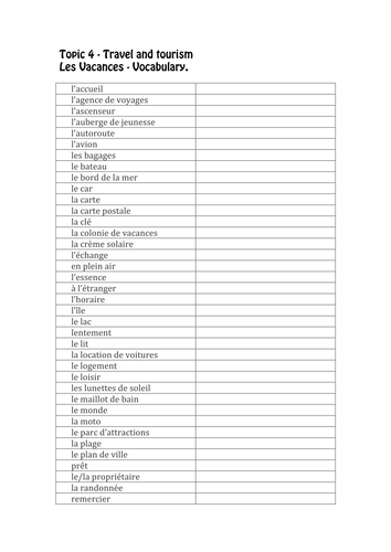 French GCSE 9 - 1 Specifications Theme 2 – Topic 4 – Travel & Tourism ...