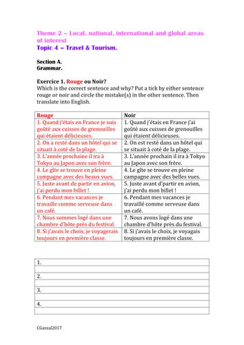 French GCSE 9 - 1 Specifications Theme 2 – Topic 4 – Travel & Tourism ...