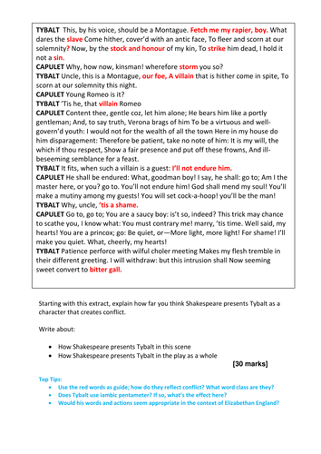 Romeo and Juliet Tybalt / Conflict Mock Exam Assessment NEW AQA 1-9 ...