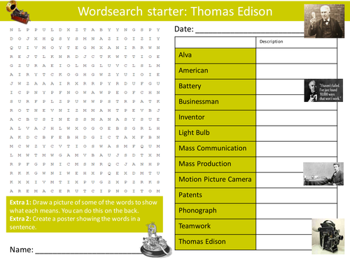 Scientist Thomas Edison 6 x Starters Wordsearch Crossword Anagram ...