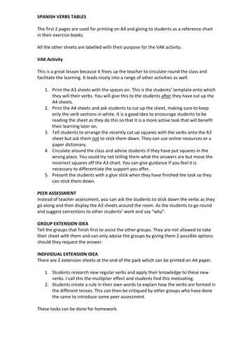 Spanish verb tables with differentiated VAK activity (7 tenses ...