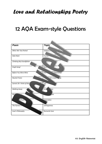 Love and Relationships Poetry Exam Questions | Teaching Resources