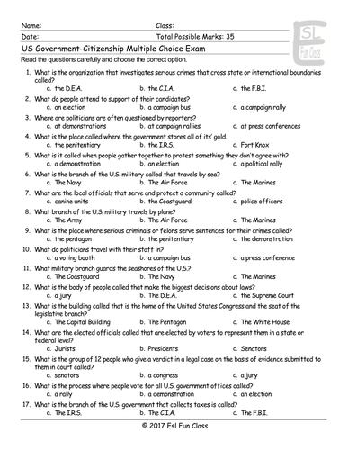 US Government-Citizenship Multiple Choice Exam | Teaching Resources