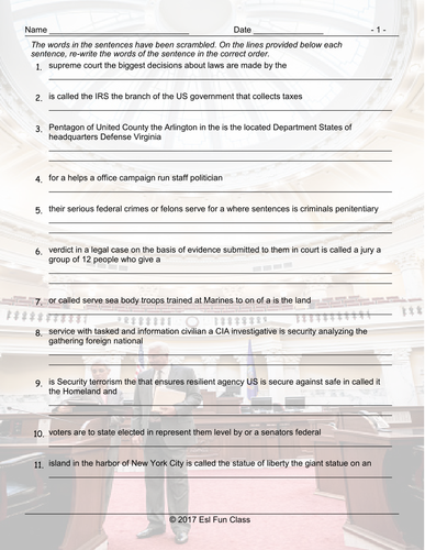 US Government-Citizenship Scrambled Worksheet | Teaching Resources