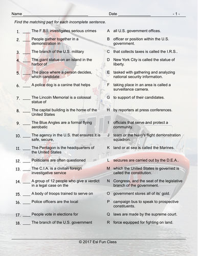 US Government-Citizenship Sentence Match Up Worksheet | Teaching Resources