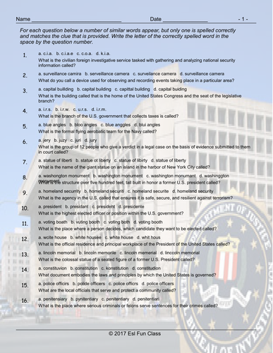 US Government-Citizenship Spelling Challenge Worksheet | Teaching Resources