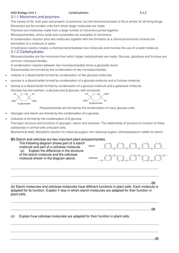 AQA Biology A level/AS level Unit 1 Revision Biological Molecules ...