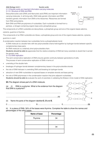 AQA Biology A level/AS level Unit 1 Revision Biological Molecules ...