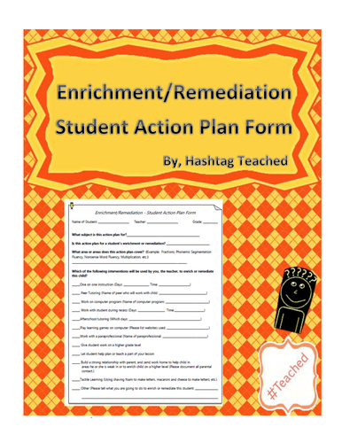 Enrichment and Remediation Student Action Plan Template Form | Teaching ...