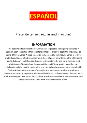 Spanish, preterite tense: Differentiated verb drills for conjugation ...