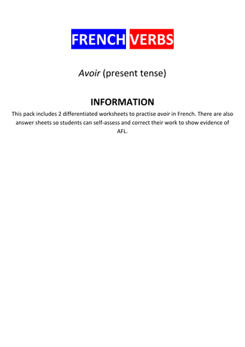 French, avoir (present tense): Differentiated verb drills for ...