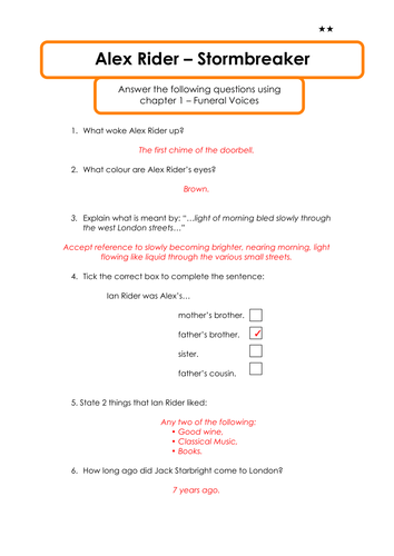 Alex Rider Stombreaker - Chapter 1 (Funeral Voices) Comprehension ...
