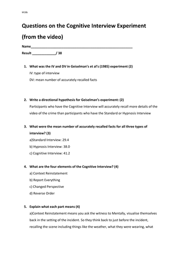 The Cognitive Interview Experiment - Revision Activity with free ...