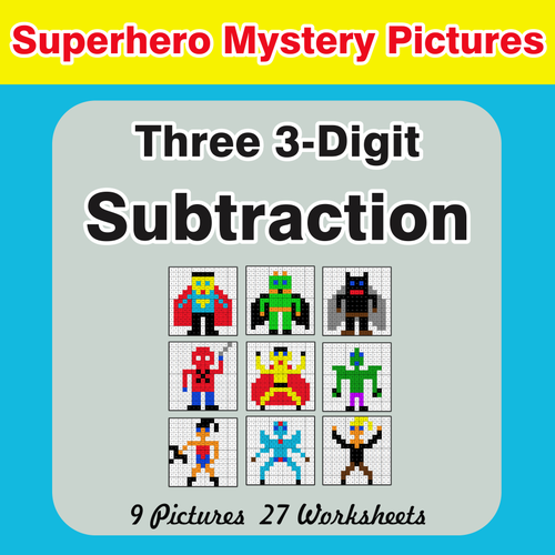Three 3-Digit Subtraction - Color-By-Number Superhero Mystery Pictures ...