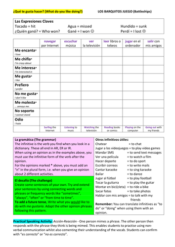 2 x battleships games (sports in Spanish with jugar) | Teaching Resources