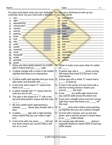 Road Signs-Directions Definitions Worksheet | Teaching Resources