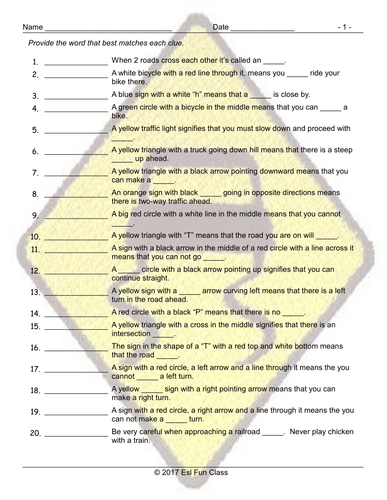 Road Signs-Directions Matching Worksheet | Teaching Resources
