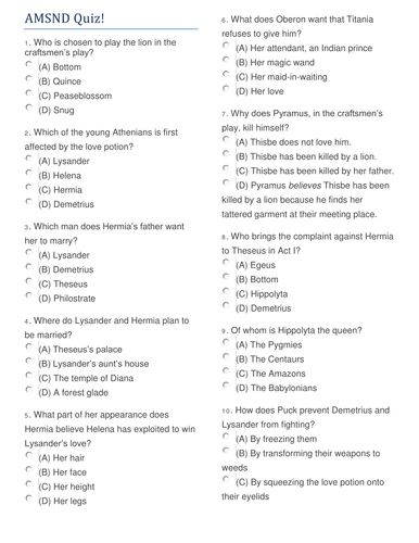 A Midsummer Night's Dream Quiz | Teaching Resources