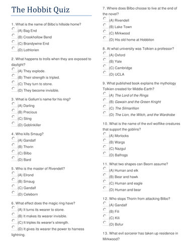 The Hobbit Quiz | Teaching Resources