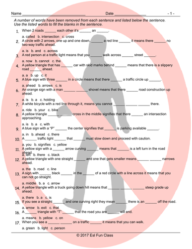 Road Signs-Directions Missing Words Worksheet | Teaching Resources
