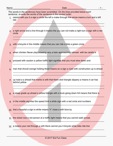 Road Signs-Directions Scramble Worksheet | Teaching Resources