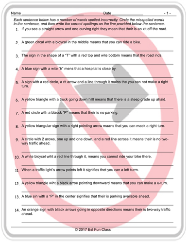 Road Signs-Directions Spelling Hunt Worksheet | Teaching Resources