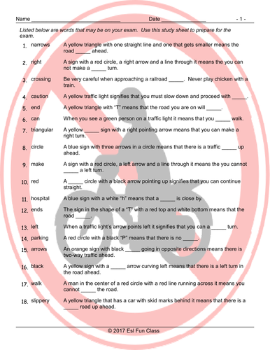 Road Signs-Directions Study Sheet | Teaching Resources